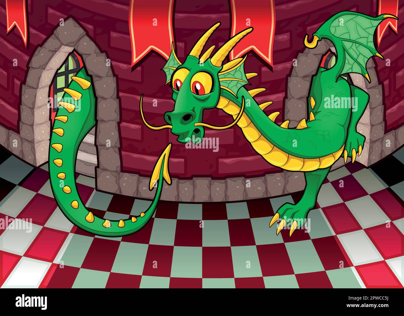 Inside the castle with dragon. Cartoon and vector illustration Stock ...