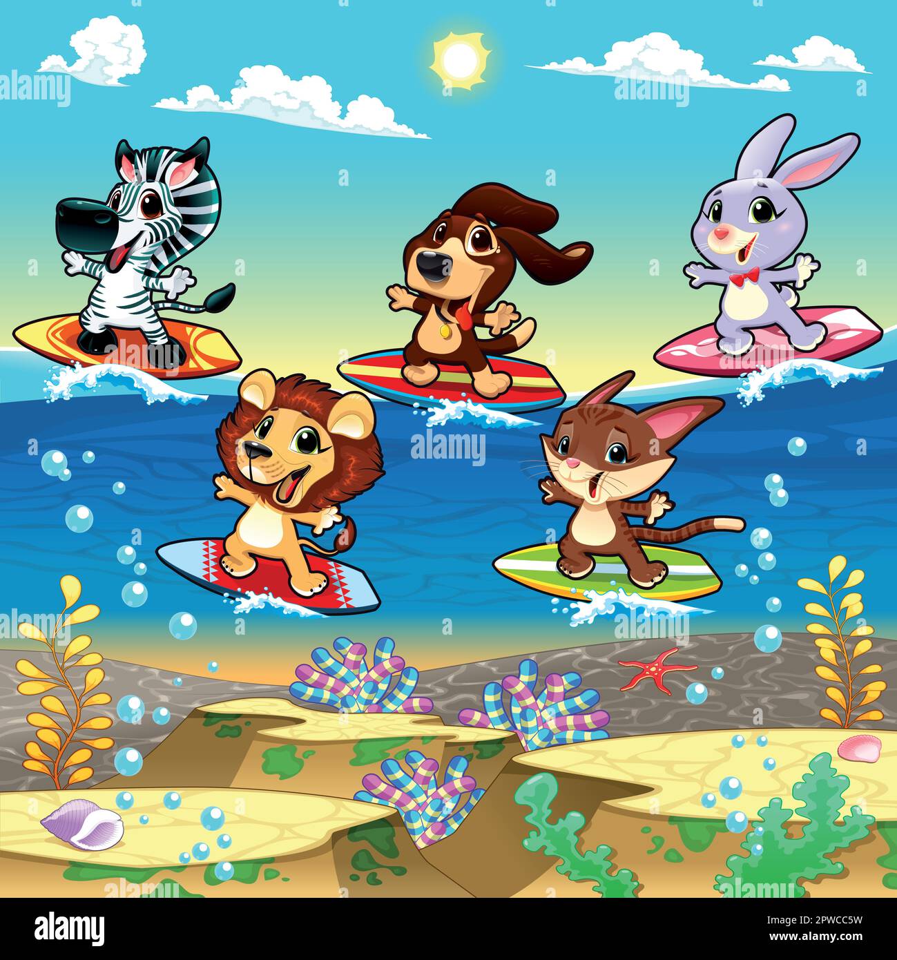 Funny animals surfing on the sea. Cartoon and vector illustration Stock ...