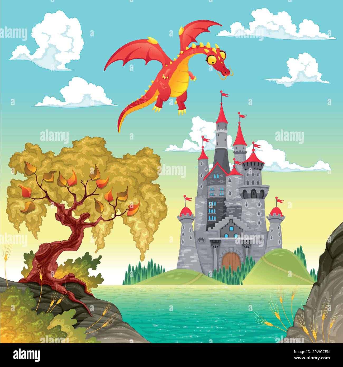 Fantasy landscape with castle and dragon. Vector illustration Stock ...