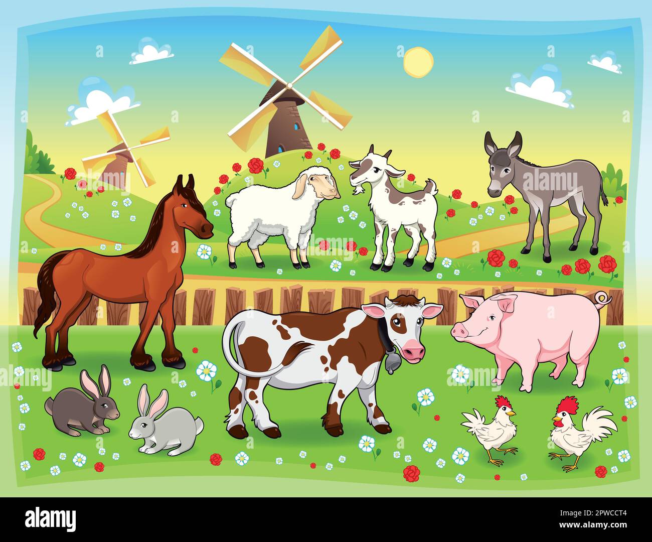 Farm animals with background. Vector and cartoon illustration Stock ...