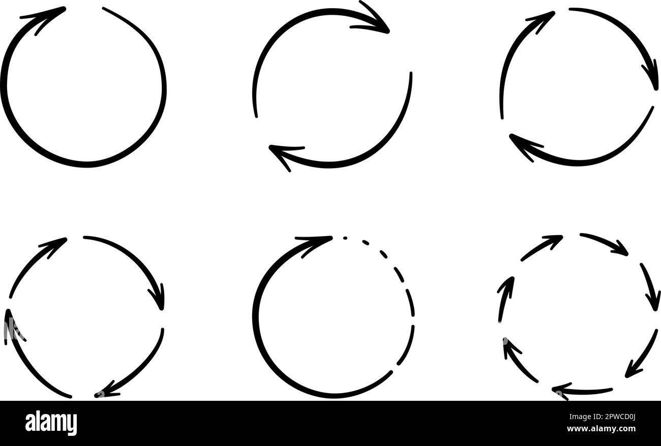 Round doodle arrows. Hand drawn circle arrow icons set. Recycle sketch signs. Repeat graphic ...