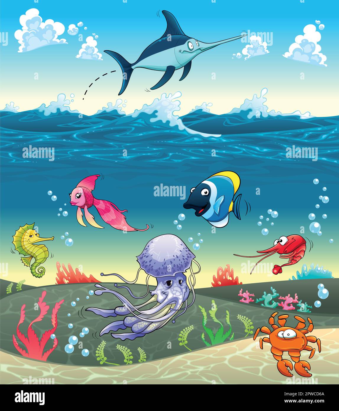 Under the sea with fish and other animals. Funny cartoon and vector ...