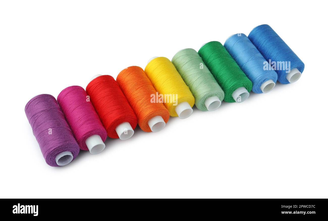 Set of different colorful sewing threads on white background Stock ...