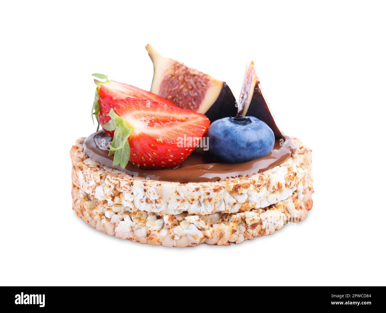 Tasty crispbread with chocolate, berries and figs on white background ...