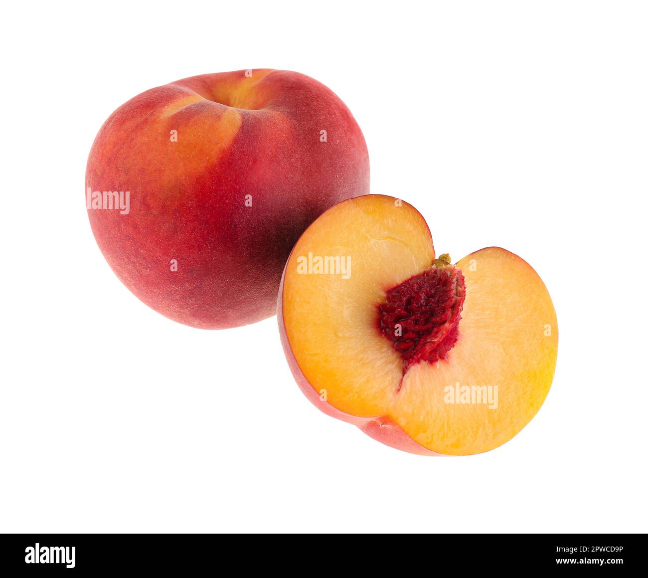 Whole and cut ripe peaches isolated on white Stock Photo - Alamy