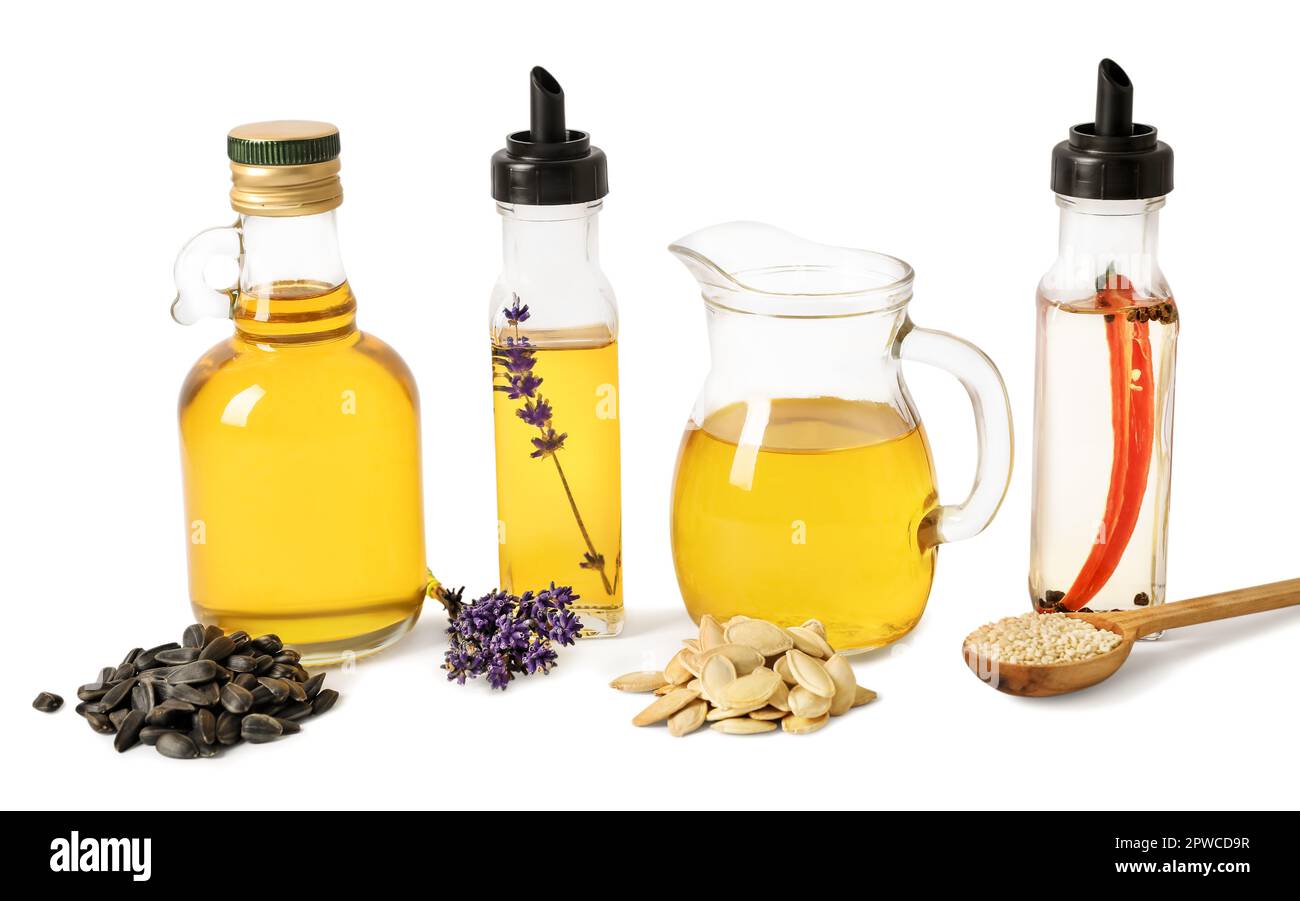 Different cooking oils and ingredients on white background Stock Photo ...