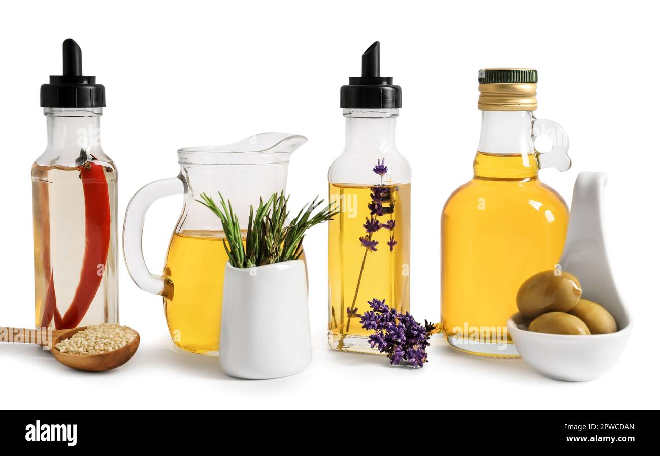 Different cooking oils and ingredients on white background Stock Photo ...