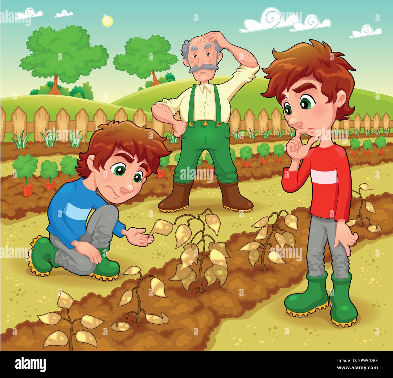 Funny scene in the vegetable garden. Vector and cartoon illustration ...