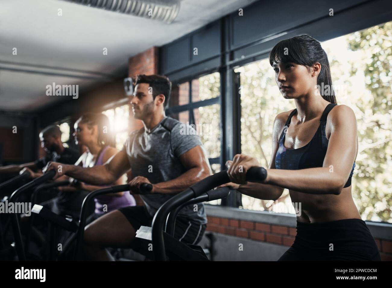 Cardio machines are a must for any workout plan. young people working ...