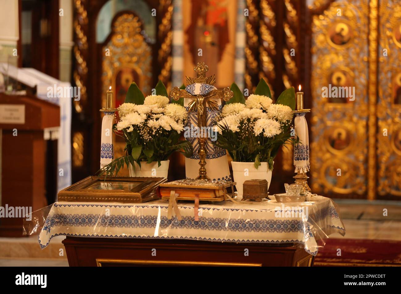 Stryi, Ukraine - September 11, 2022: Altar with cross, flowers and icon ...