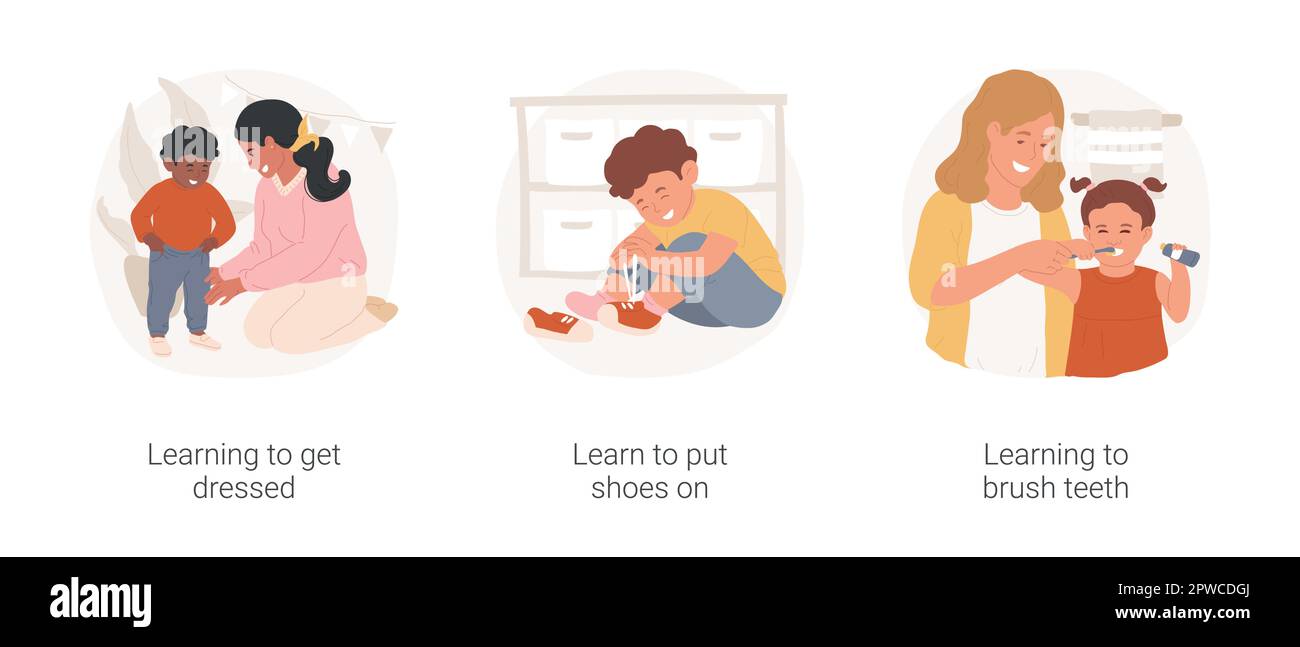 Toddler self-care isolated cartoon vector illustration set. Learning to ...