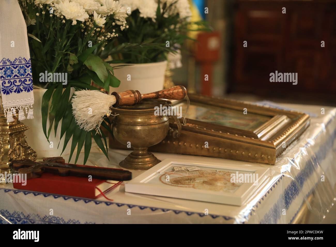 Stryi, Ukraine - September 11, 2022: Altar with goblet, flowers and ...