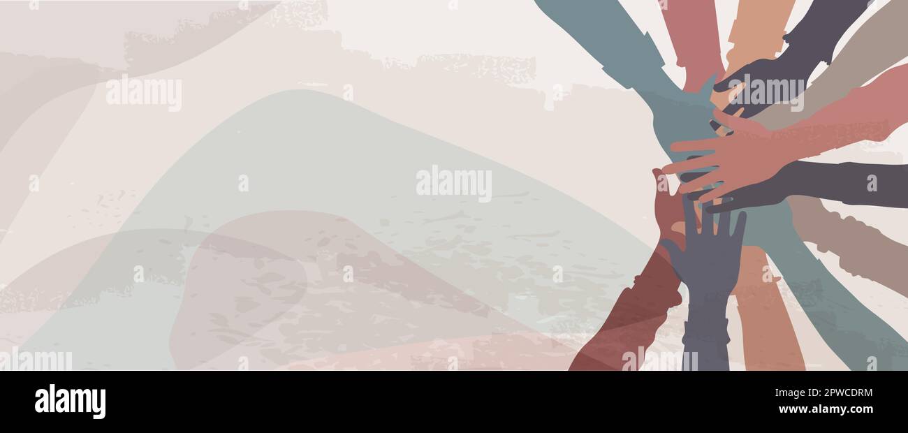 Group hands on top of each other of diverse multi-ethnic and ...