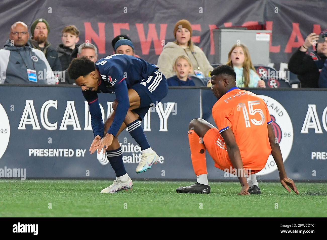 April 29, 2023: New England Revolution forward Dylan Borrero (11) lands ...