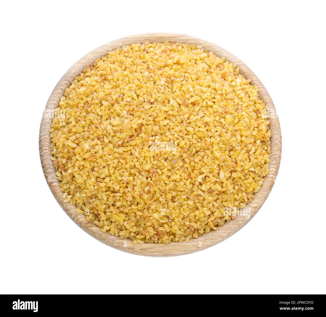 Wooden bowl with uncooked bulgur isolated on white, top view Stock ...