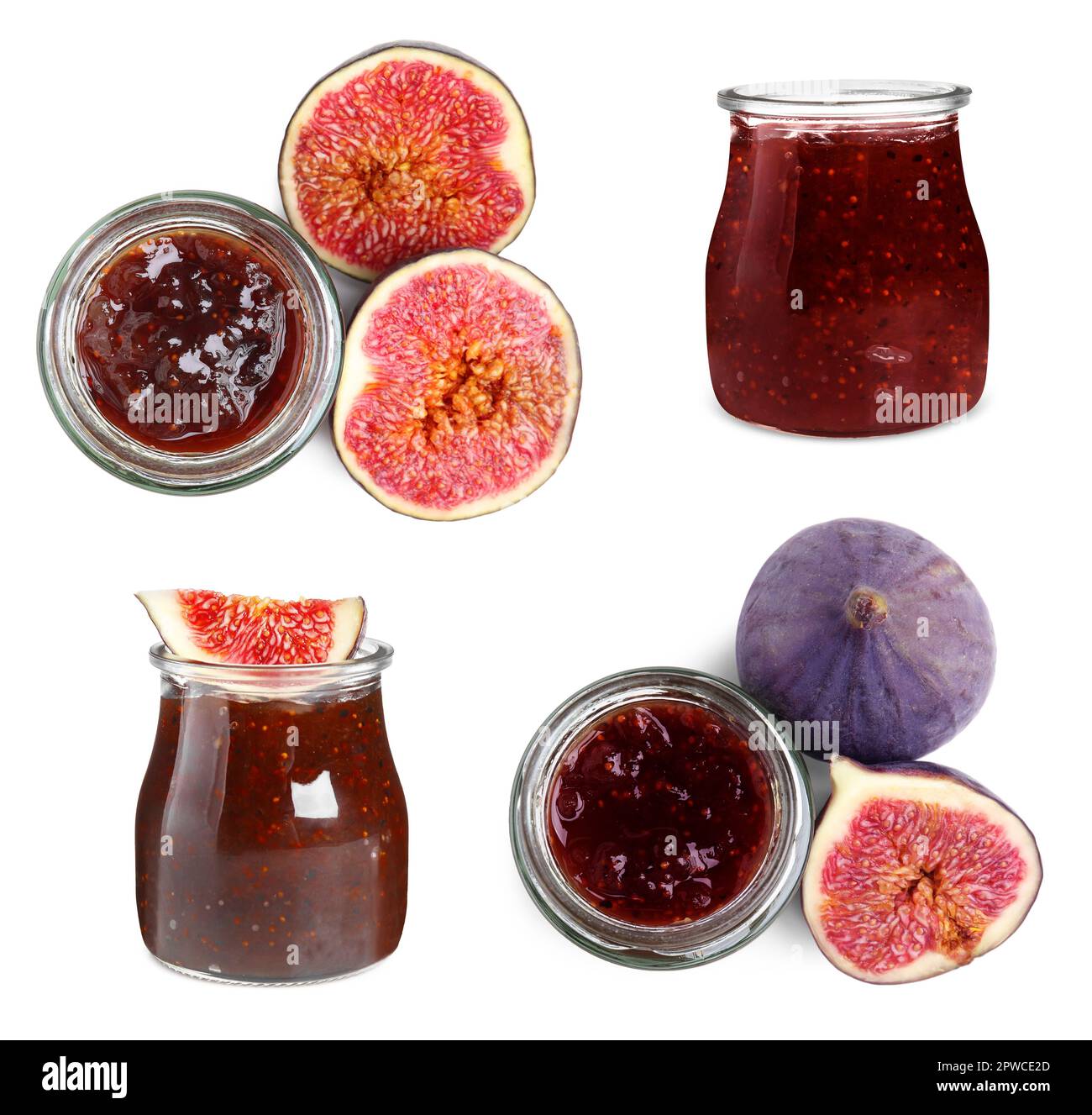 Set with glass jars of tasty sweet fig jam on white background Stock ...