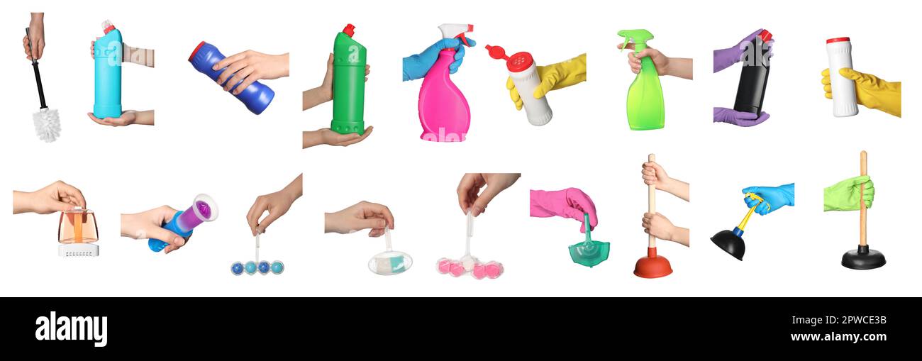 Collage with photos of woman holding different toilet cleaning supplies ...