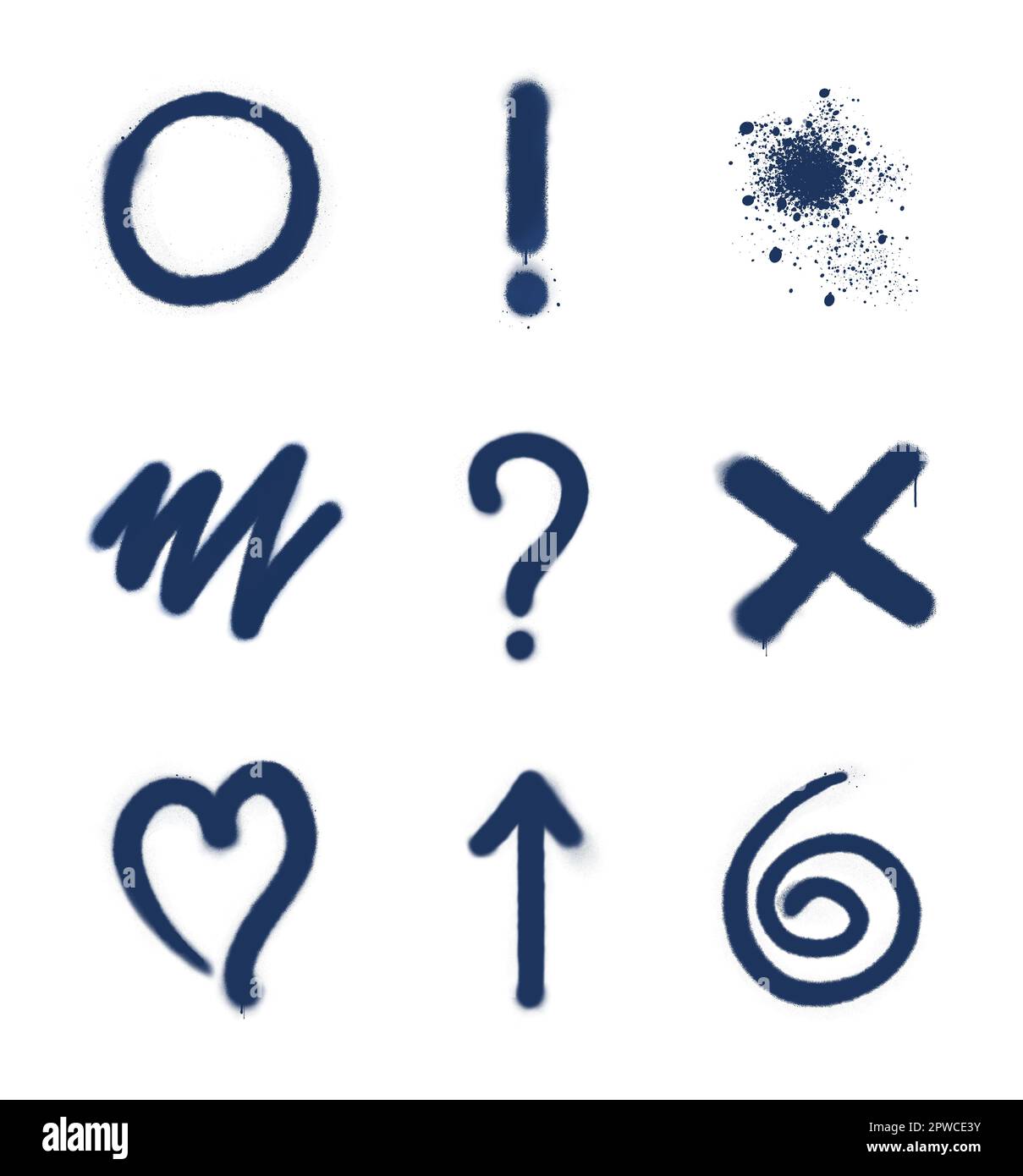 Symbols drawn by blue spray paint on white background, collage Stock ...