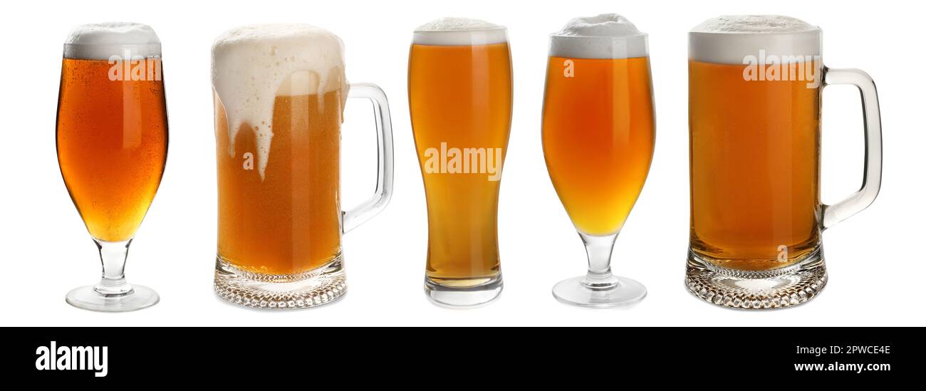 Set with cold tasty beer on white background. Banner design Stock Photo ...