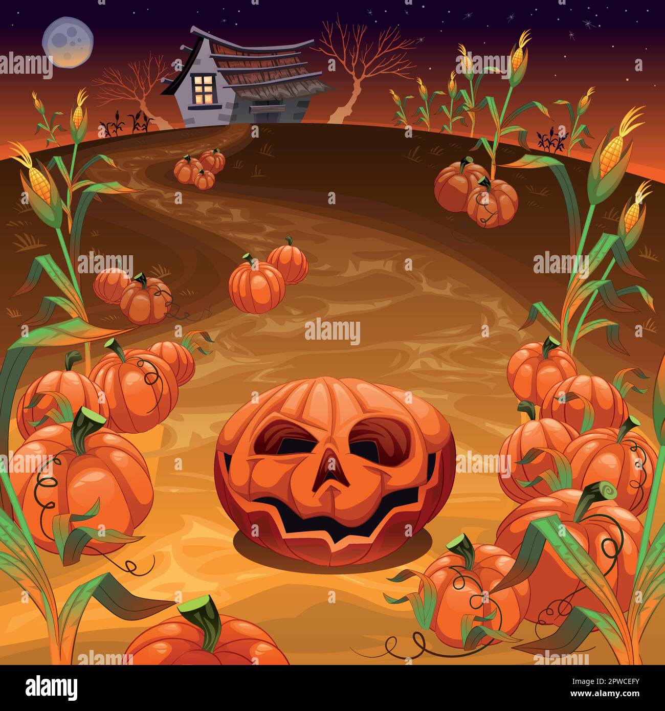 Pumpkins in the field. Funny cartoon and vector Halloween illustration ...