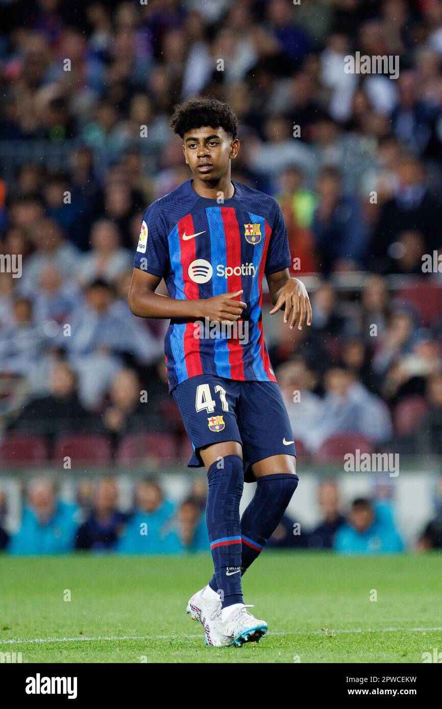 Barcelona, Spain. 29th Apr, 2023. Lamine Yamal in action during the ...
