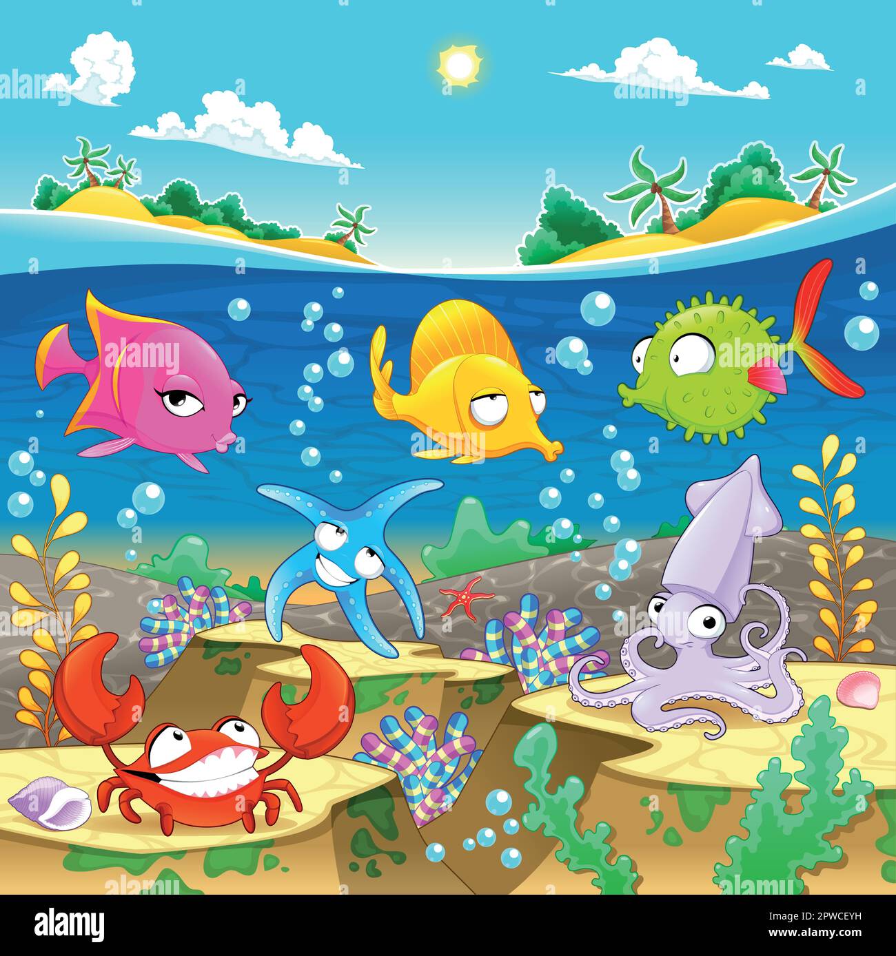 Happy marine family under the sea. Vector and cartoon illustration ...