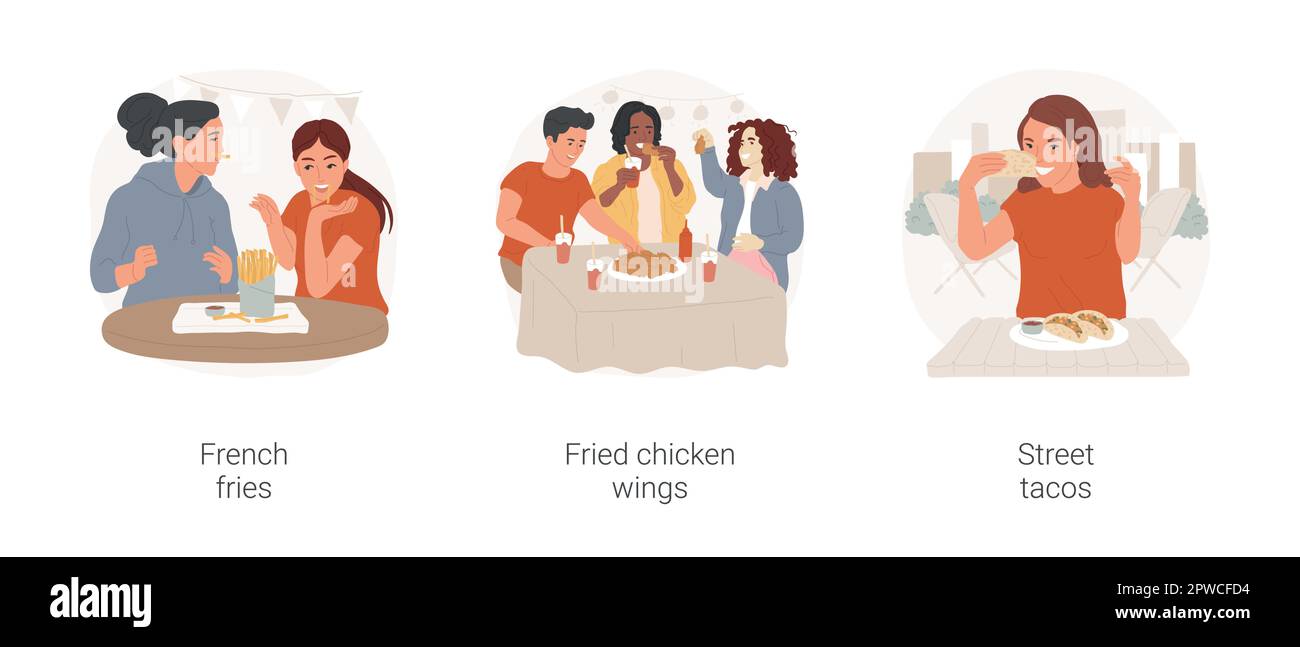 Teens eating out isolated cartoon vector illustration set. Grimacing ...