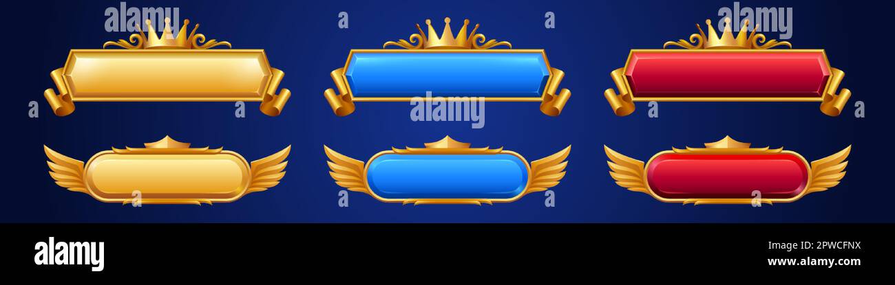 Gold fantasy game button set with crown and wings cartoon vector ...