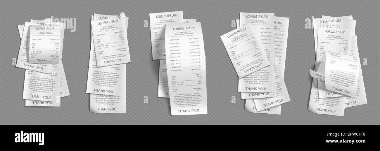 Pile of 3d vector payment bill. Isolated realistic paper pos receipt ...