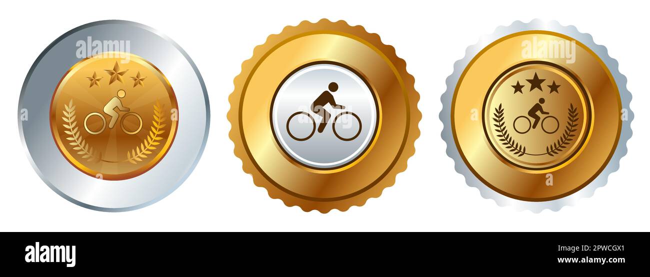 Bicycle biker cycle ride gold silver medal medallion champion winner ...