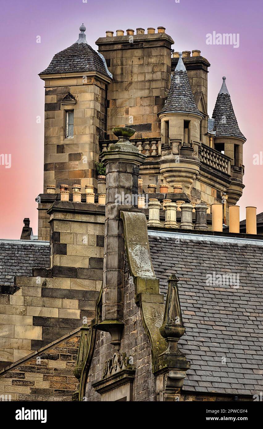 House roof decorated with towers, many chimneys, Old Town, Edinburgh ...