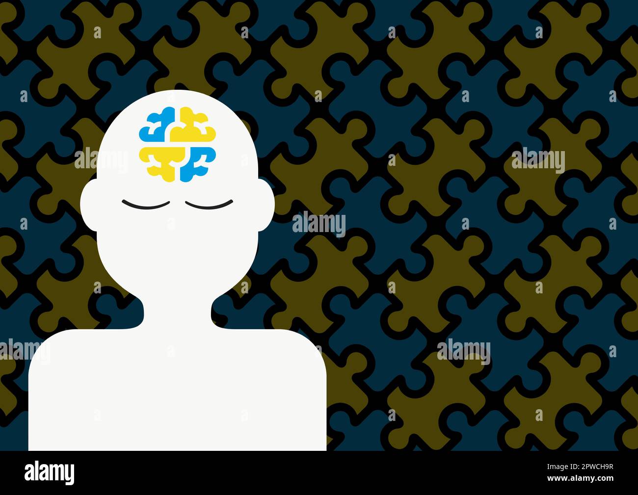 Silhouette of down syndrome person, his mind is represented with a blue ...