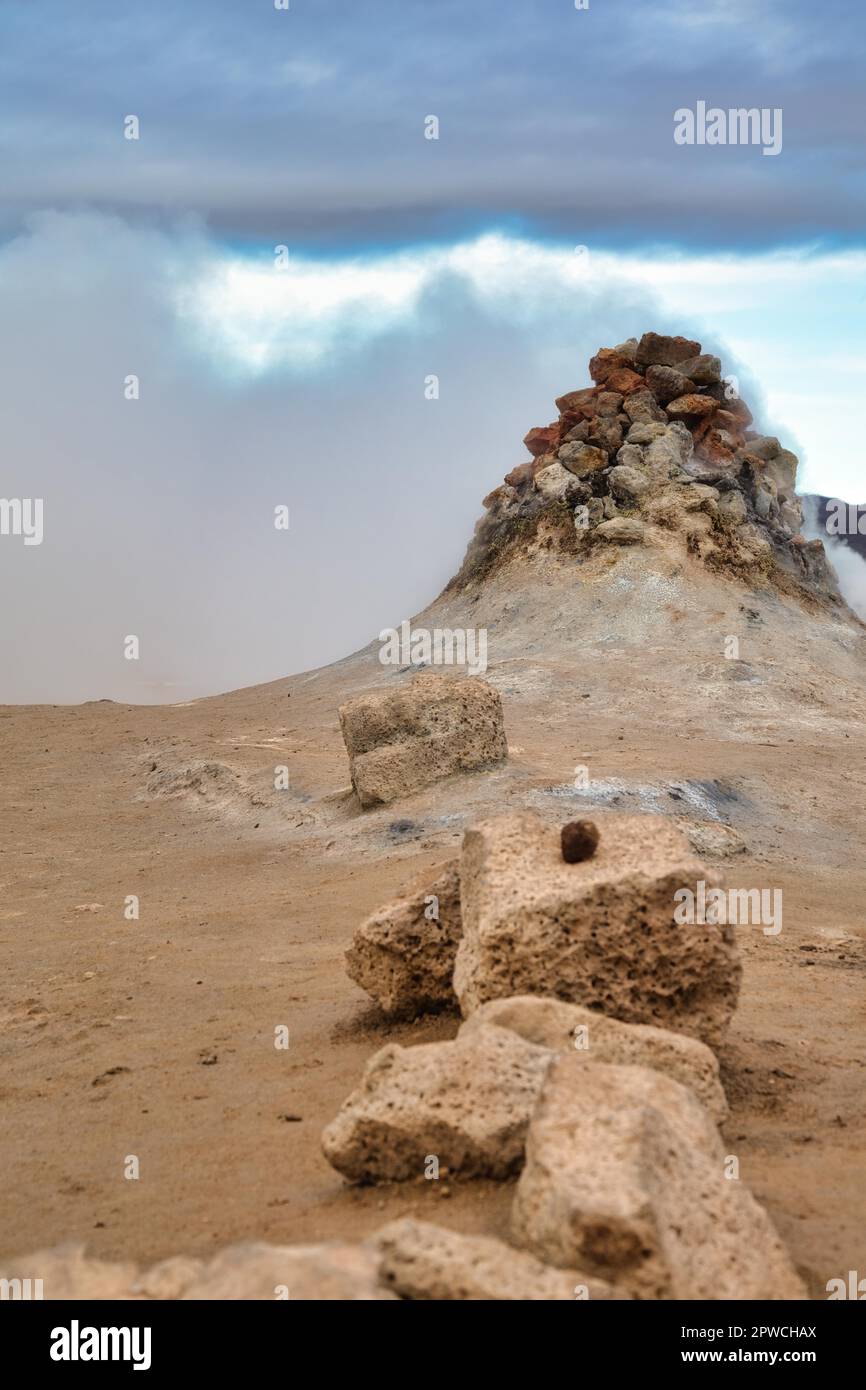 Steaming fumarole, solfatar in the geothermal area Hveraroend, also ...