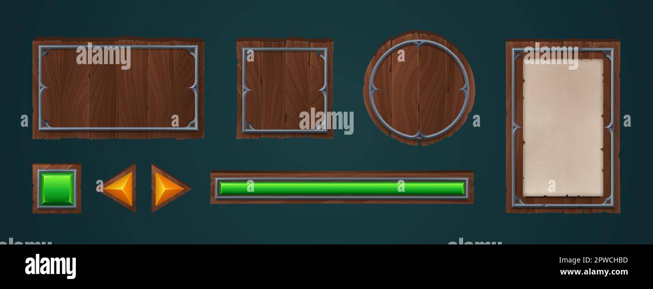 Wooden game interface board vector set. Cartoon button icon with metal ...