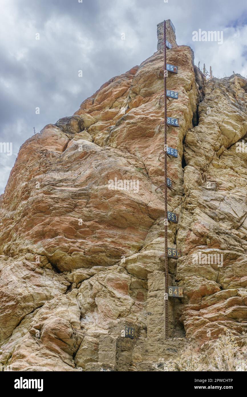 Metal water level gauge in a reservoir emptied by drought and climate ...