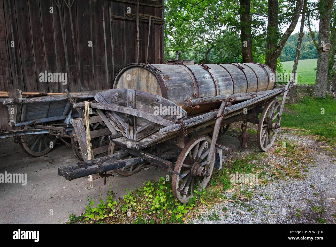 Old wagon with slurry tanker, Jexhof Farm Museum in Schoengeising ...