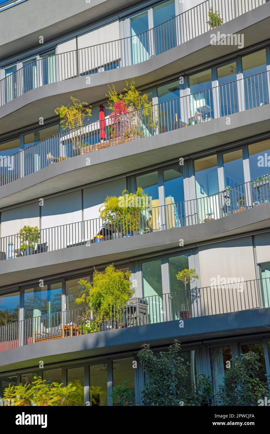 Facade of a modern apartment building in Berlin with curved balconies ...