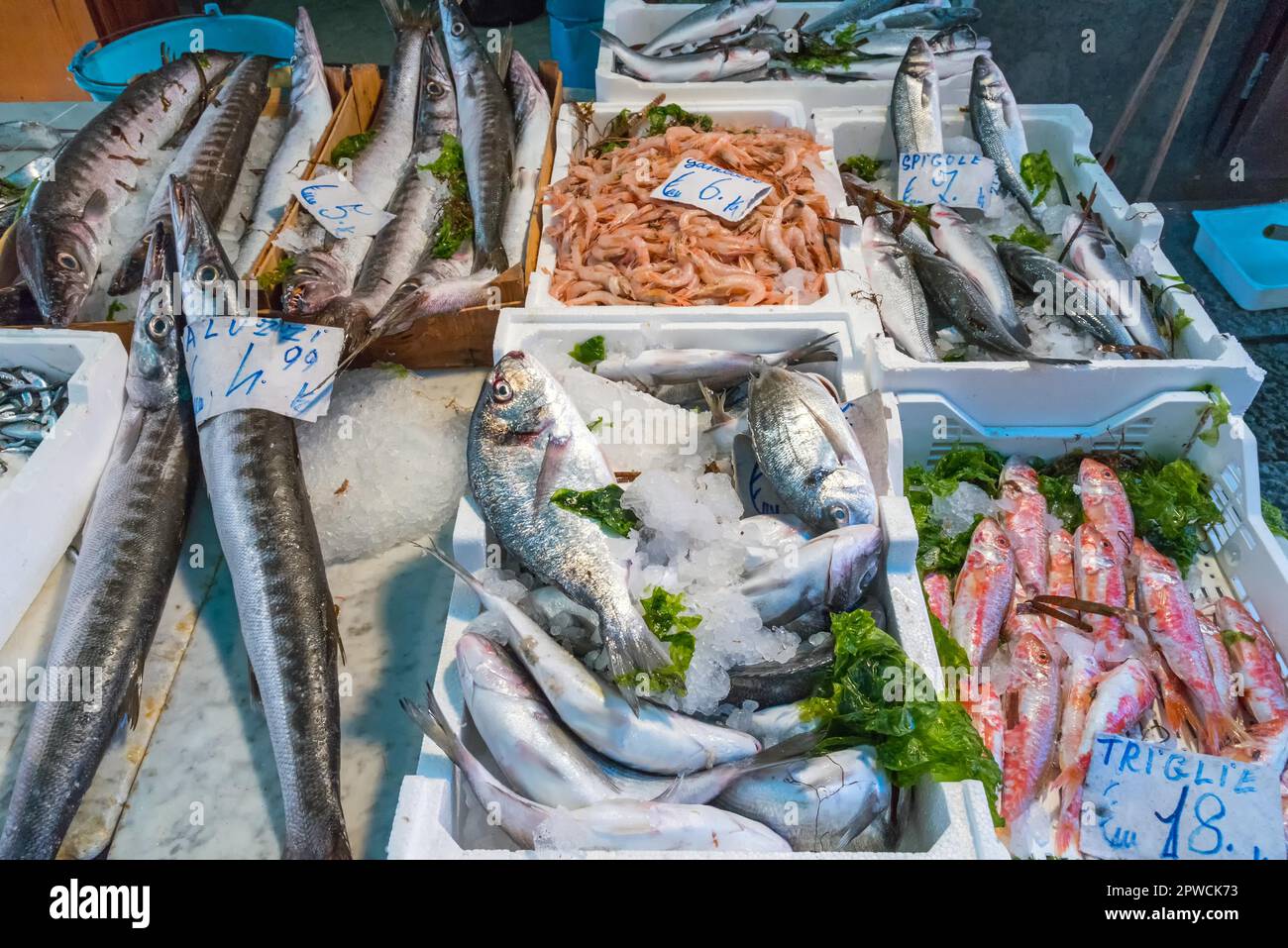 Market stall with fish and seafood in Palermo, Sicily Stock Photo - Alamy