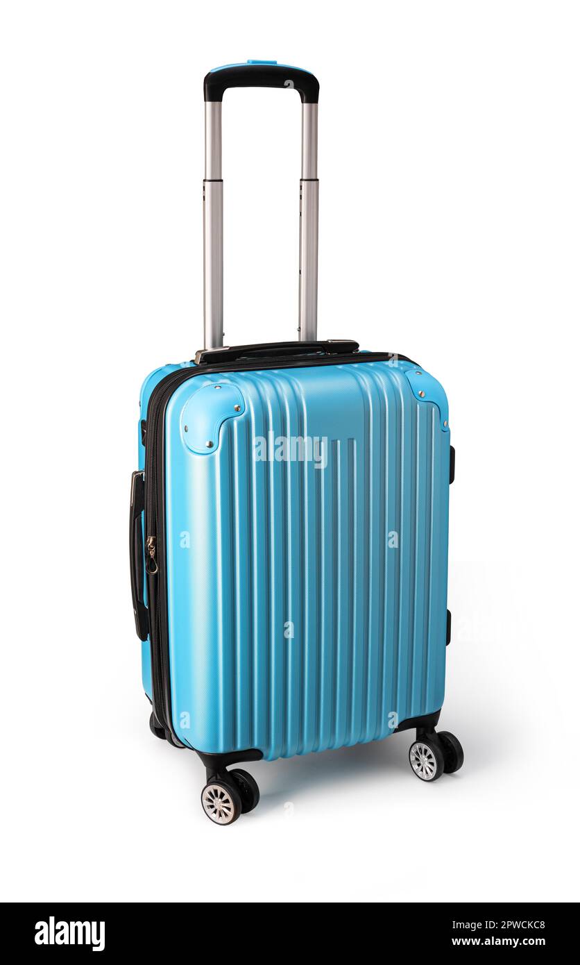 Blue plastic suitcase isolated on white background Stock Photo - Alamy