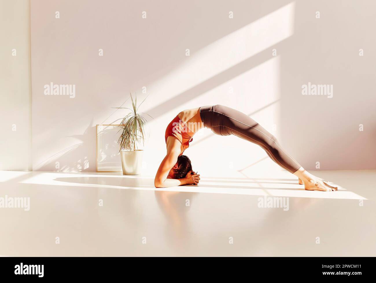 Side view of calm female in sportswear practicing yoga in Firefly pose ...