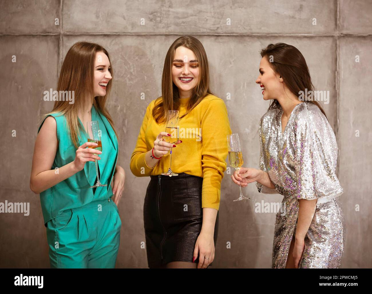 Female friends clinking glasses of wine while having fun during luxury ...