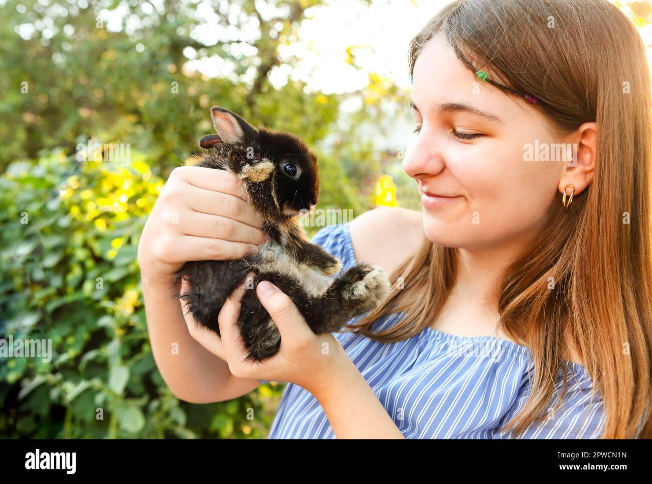 Cropped photo of teen girl in blue striped dress holding fluffy ...