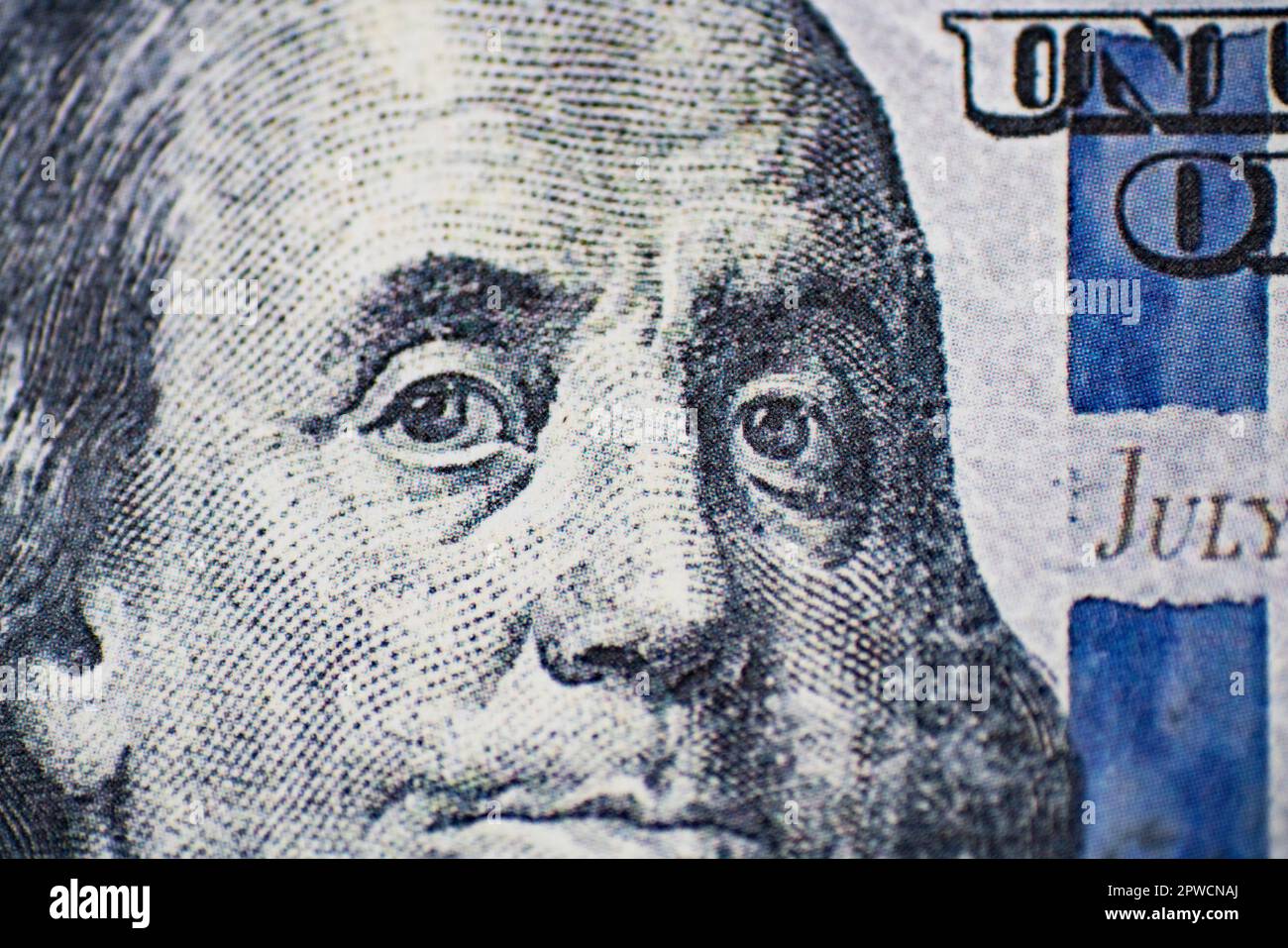 Close up of Benjamin Franklins face on US 100 dollar bill Stock Photo ...