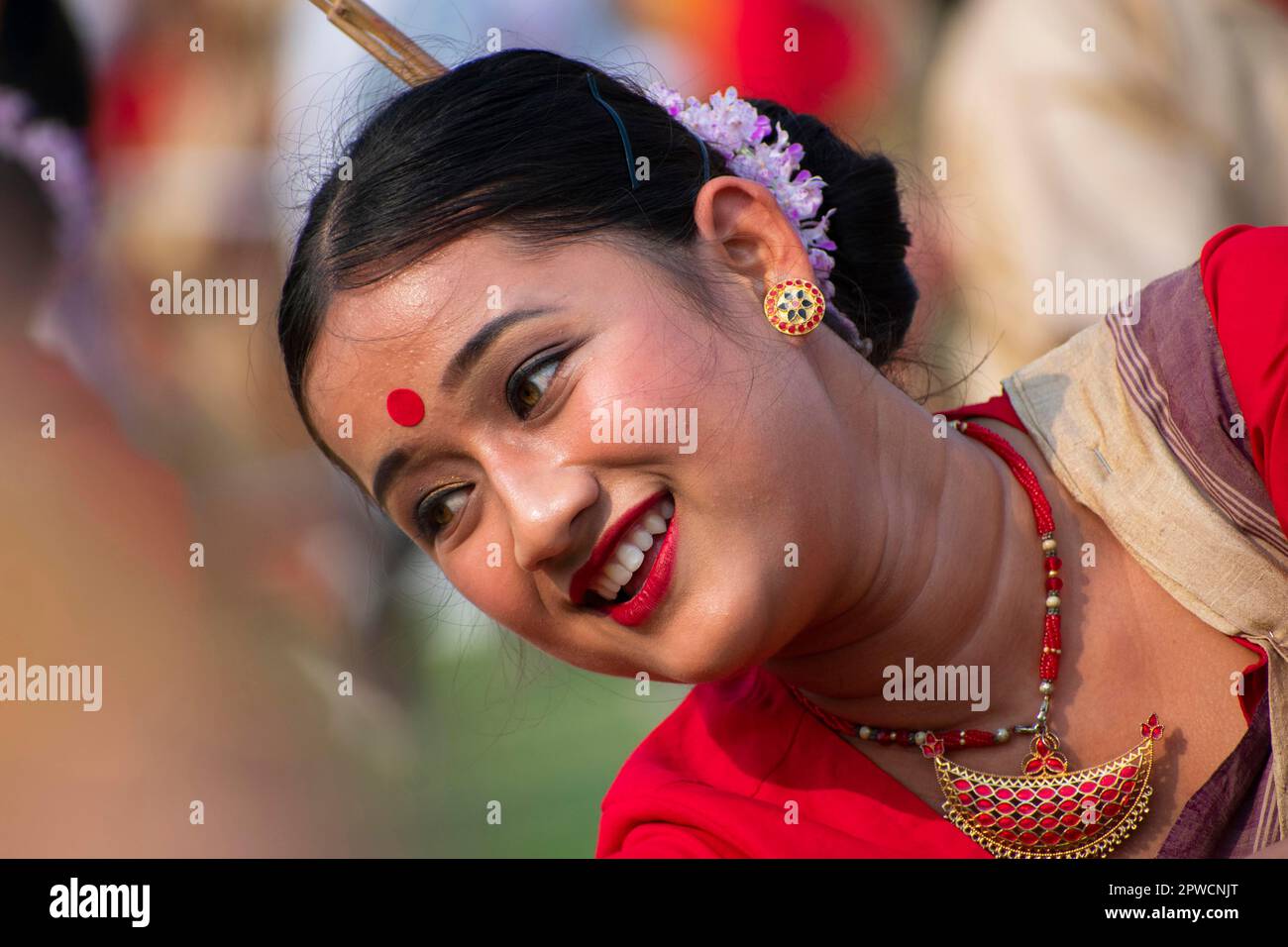Guwahati, Assam, India. 14 April 2023. Young women in traditional ...
