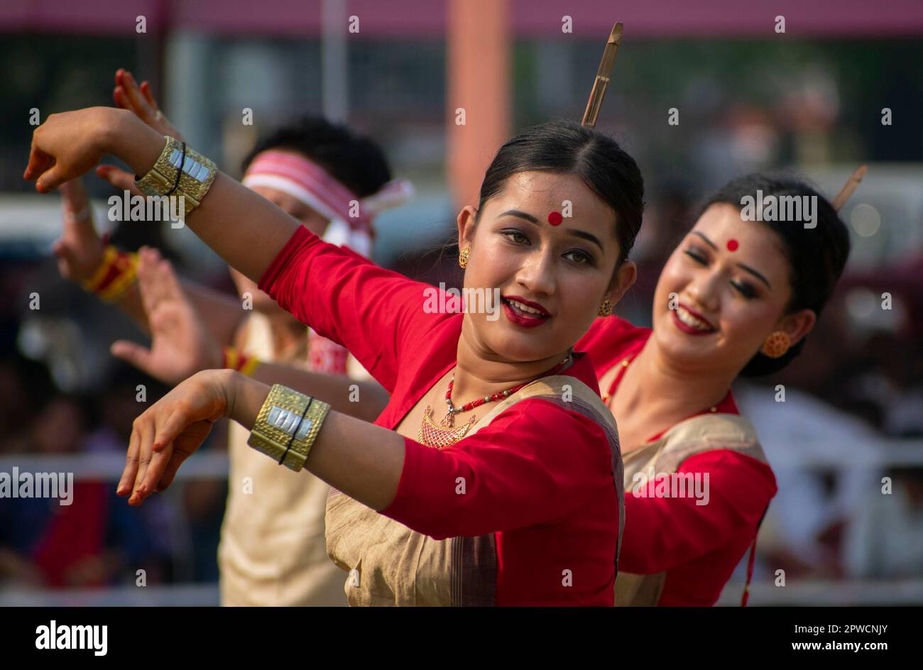 Guwahati, Assam, India. 14 April 2023. Young women in traditional ...