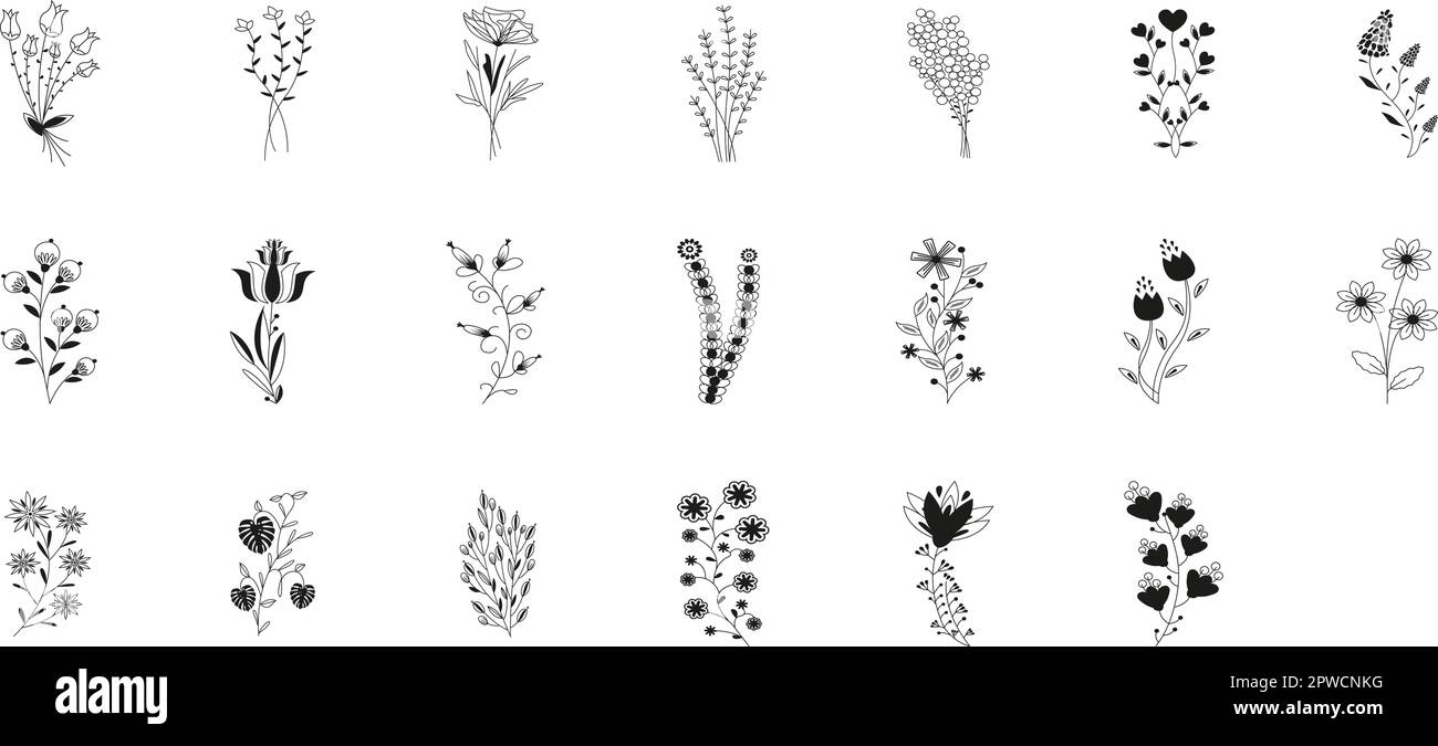 Floral branch set and minimalist flowers for logo or decorations. Hand ...