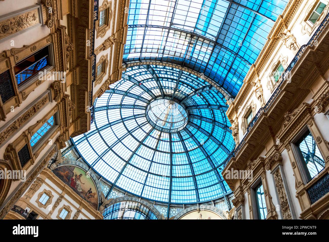 Glass dome roof and frescoes in the Galleria Vittorio Emanuele II ...