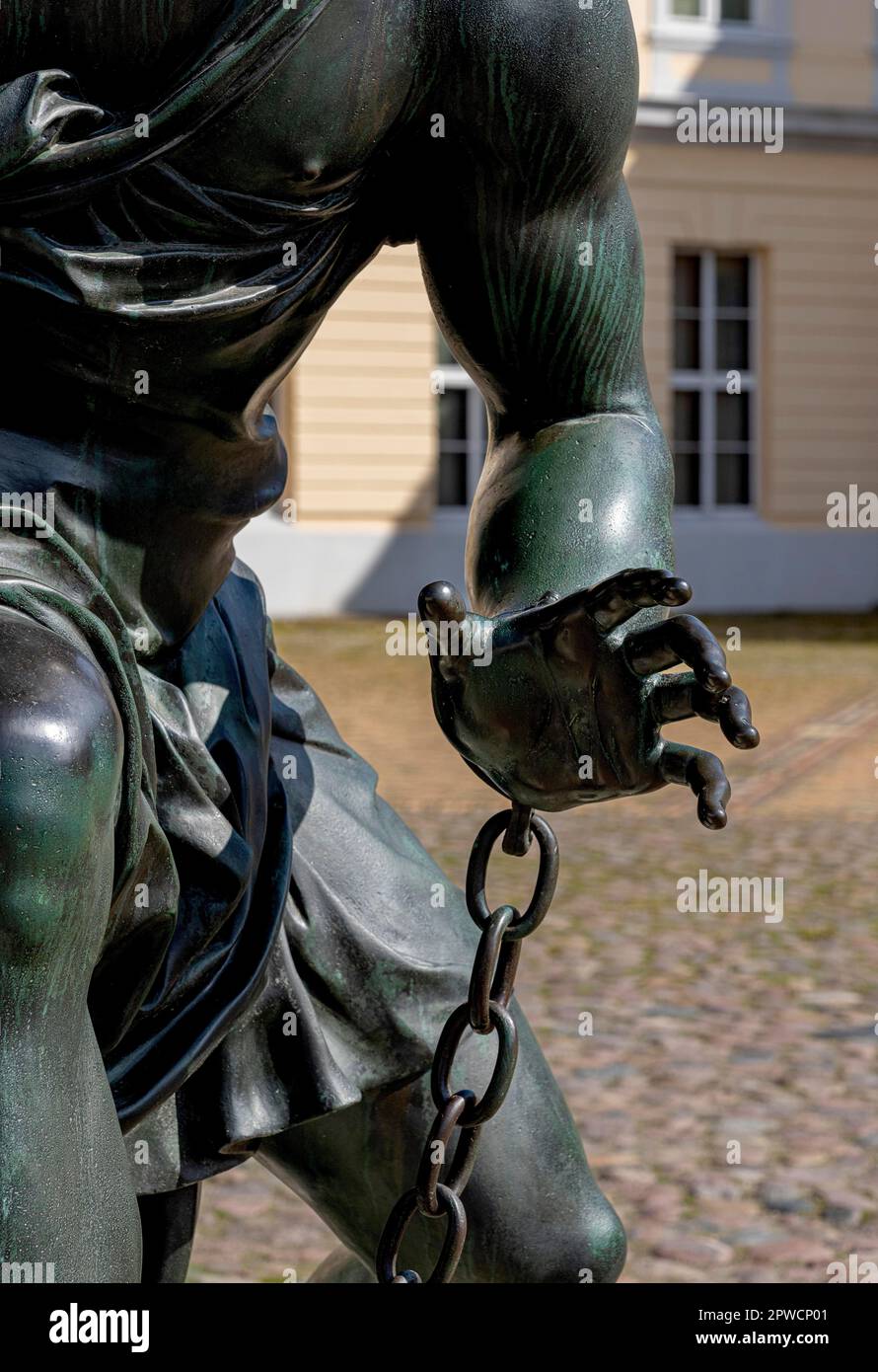 Detail photo of the chained warriors at the base of the equestrian ...
