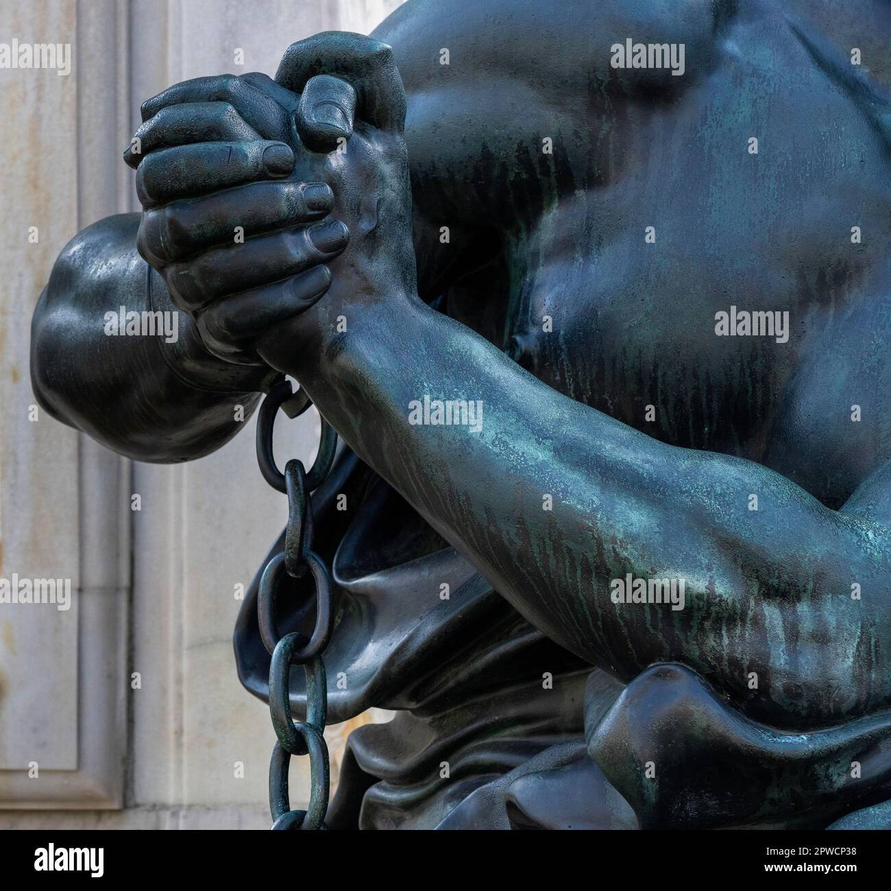 Detail photo of the chained warriors at the base of the equestrian ...