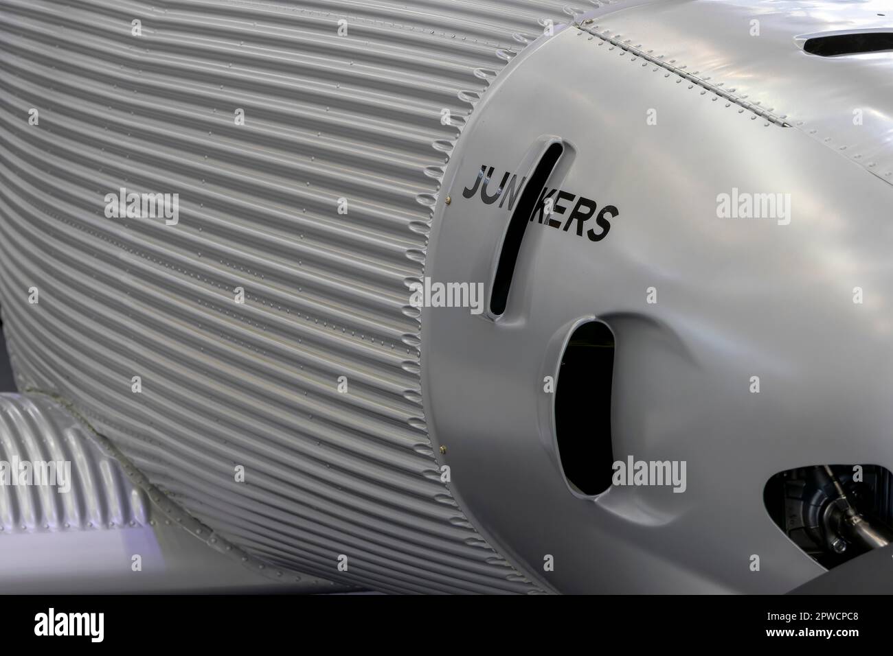 Detail of a Junkers aircraft made of aluminium with Junkers lettering ...